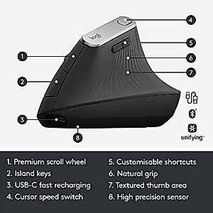 Logitech MX Vertical Wireless Mouse – Advanced Ergonomic Design Reduces Muscle Strain, Control and Move Content Between 3 Windows and Apple Computers (Bluetooth or USB), Rechargeable, Graphite