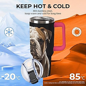 LLUTSNTH 40 Oz Vacuum Tumbler with Light Rose Red Handle Leakproof Insulated Tumbler English-Bulldog Stainless Steel Travel Mug with Lid And Straw Coffee Cup Cute Water Bottles Cup Holder Friendly