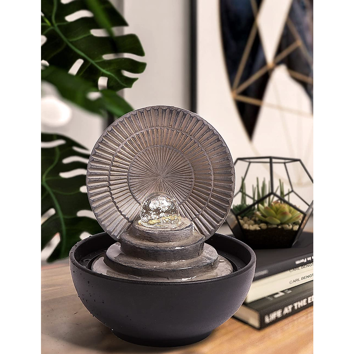 SEINHIJO Indoor Tabletop Water Fountain Zen Cascading Feng Shui Waterfall Home Decor Table Centerpiece Relaxation Gifts with LED Lights Rolling Ball 11 inch