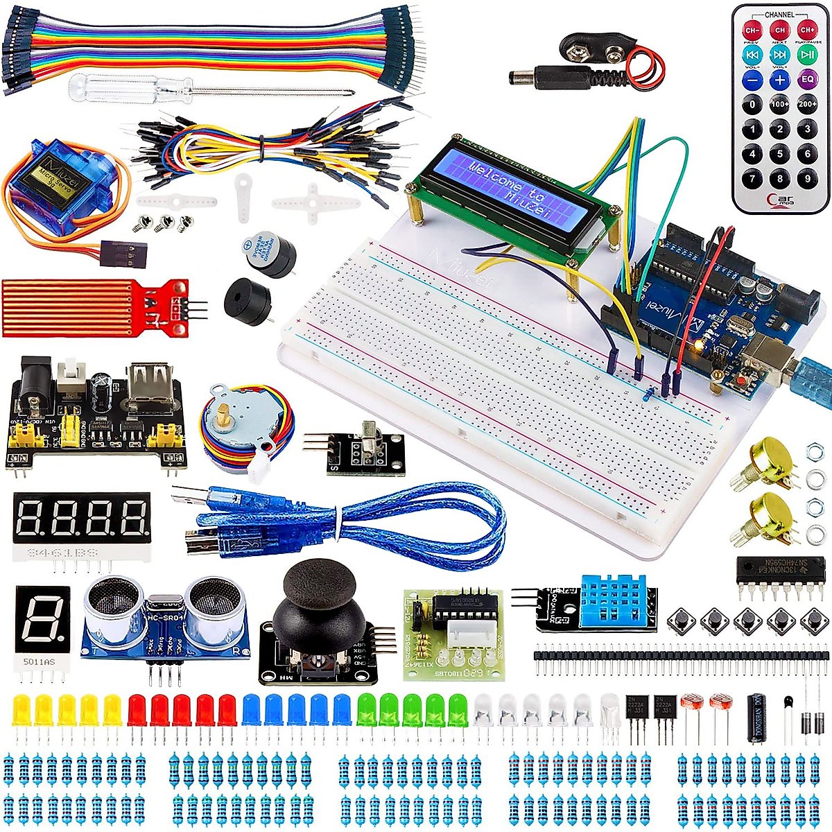 Miuzei Starter Kit Compatible with Arduino Projects, Circuit BreadBorad, LCD1602 Module, Breadboard, Jumper Wires, Servo, Sensors, LEDs, Detailed Tutorial MA05