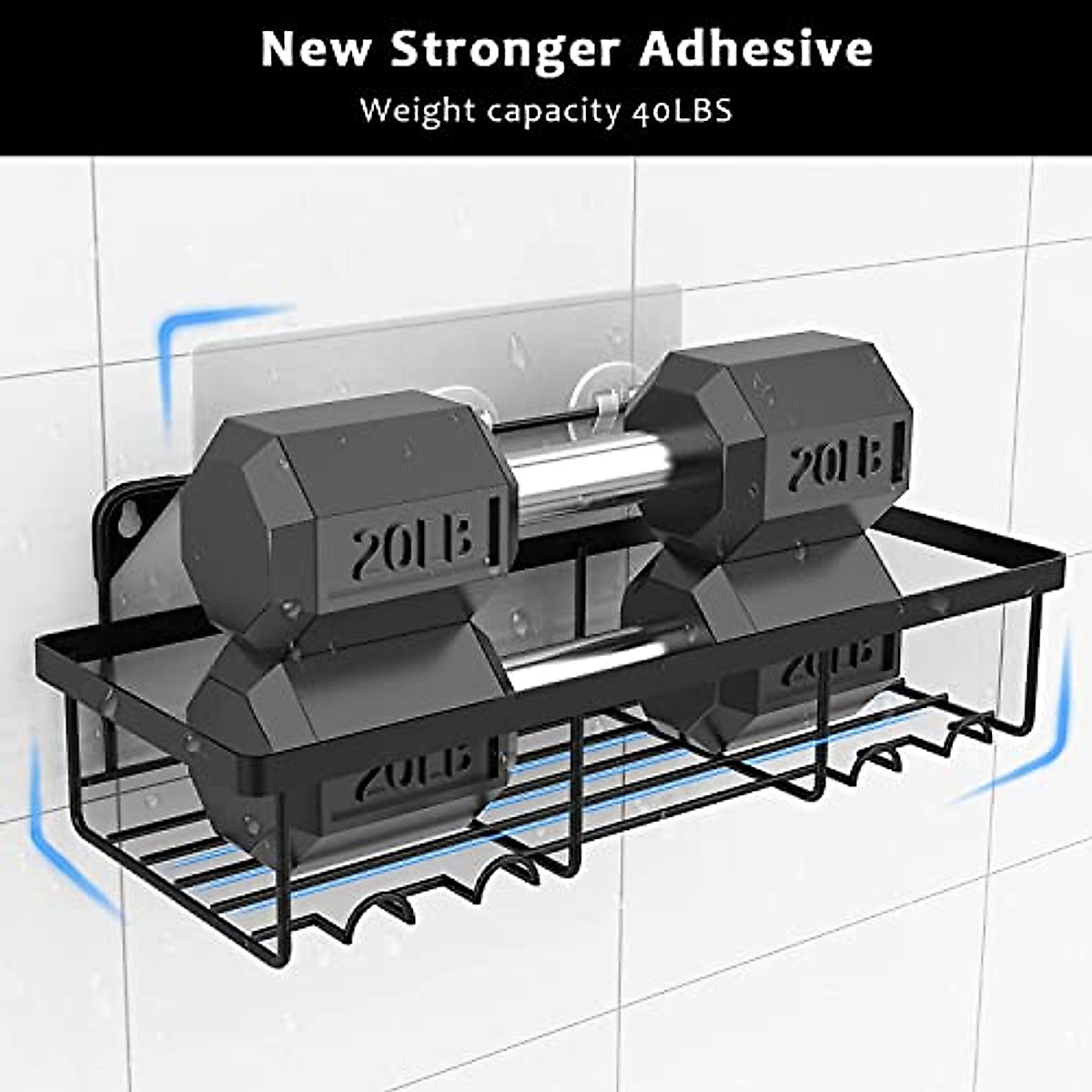 Adhesive Shower Caddy (2 Pack) with 2 Soap Dishes, Shower Shelf with Hooks, No Drilling/ Wall Mounted Shower Rack Rustproof Stainless Steel Shower Organizer for Inside Shower & Kitchen Storage (Black)