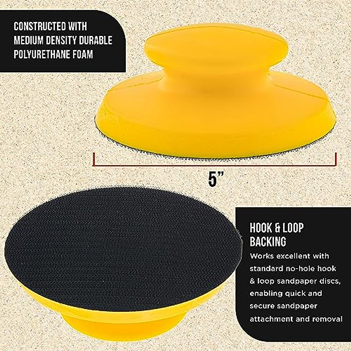 Dura-Gold Pro Series 5" Round & Mouse-Shaped Hand Sanding Block Pads for Hook & Loop and PSA 5" DA Sanding Discs - 2-Way Adapter Pad to Use PSA Sandpaper - Automotive Sand Polish Woodworking Furniture