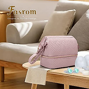 Fasrom Wearable Breast Pump Bag Compatible with Willow, Elvie Pumps and Medela Pump in Style, Double Layer Carrying Case with Waterproof Mat and Insulated Pockets, Pink (Patent Design)