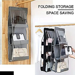 ZB.soar Hanging Handbag Organizer, 2 Pcs * 6 Pockets, Upgrade Dust Proof Purse Organizer Closet, Wardrobe Closet Organizer, Washable Handbag Organizer for Women Handbags Purse (Black&Gray)