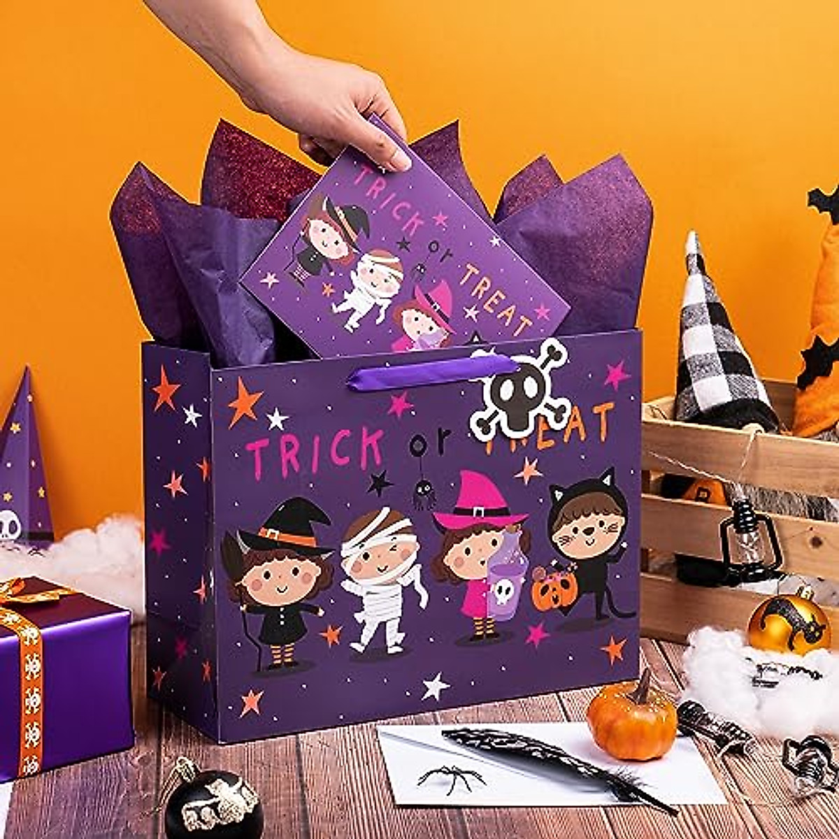 WRAPAHOLIC 13" Halloween Large Gift Bag with Card and Tissue Paper - Adorble Child and Trick or Treat Lettering Design