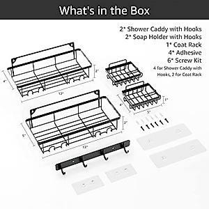 Upiyan 5-Pack Adhesive Shower Caddy Basket Bathroom Organizer Shelves Storage No Drilling Traceless Black Stainless Steel Soap Holder Rustproof Kitchen,Bedroom Coat Rack Wall Mount Need Drilling