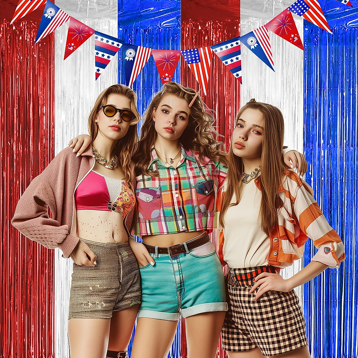 Yzurbu Red White & Blue Decorations, 3 Pack Tinsel Foil Fringe Backdrop Curtains and 2 Pack USA Flag Triangle Pennant Banner for 4th of July, Memorial Day, Labor Day, Patriotic Party