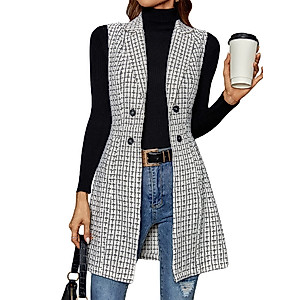 Floerns Women's Plaid Print Button Front Sleeveless Lapel Collar Blazer Jacket White XL