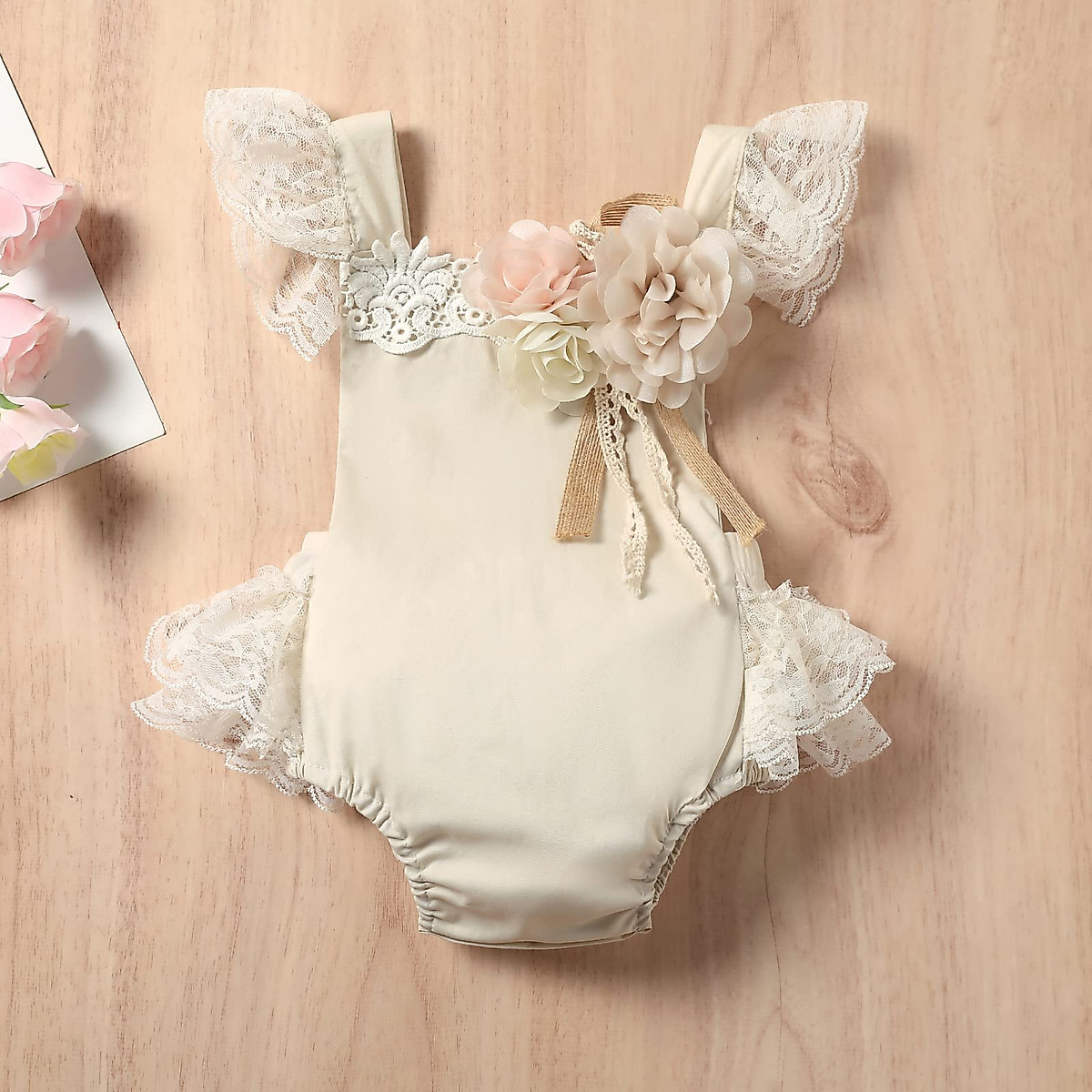 Newborn Infant Baby Girl Lace Romper Boho Dress 1st Birthday Cake Smash Outfit Tutu Ruffle Bodysuit Jumpsuit White Clothes (B1 Beige, 3-6 Months)
