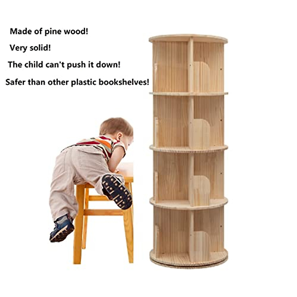 Rotating Bookshelf 360 Display 4 Tier Floor Standing Bookcase Storage Rack for Kids&Adults Solid Wood Bookshelf Organizer