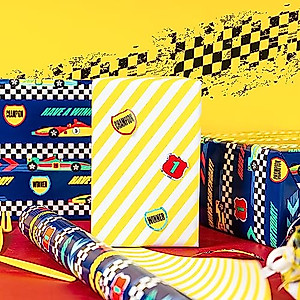 WRAPAHOLIC Reversible Wrapping Paper - Mini Roll - 17 Inch X 33 Feet - Racing Cars and Yellow Stripes Design Design for Birthday, Holiday, Baby Shower
