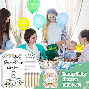 Roowest Baby Shower Advice Cards for New Parents to Be - Tip Jar Sign for New Parents 60 Parenting Advice Cards 10 HB Pencils 2 Cute Stickers 1 Pet Bottle for Guests Games(Leaf)