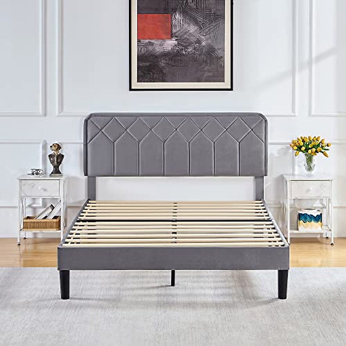 VECELO Queen Size Bed Frame Premium Upholstered Platform with Height Adjustable Headboard/Mattress Foundation Solid Wooden Slat Support, No Box Spring Needed/Easy Assembly, Dark Grey