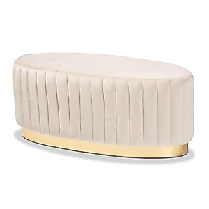 Baxton Studio Kirana White Velvet Fabric Upholstered and Gold PU Leather Ottoman