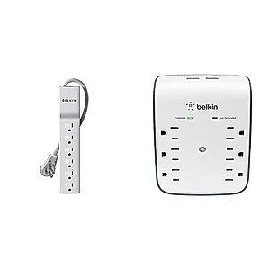 Belkin 6-Outlet Slimline Power Strip Surge Protector, 6ft Cord and Rotating Plug, 720 Joules, White & Belkin 6-Outlet USB Surge Protector, Wall Mount - Ideal for Mobile Devices