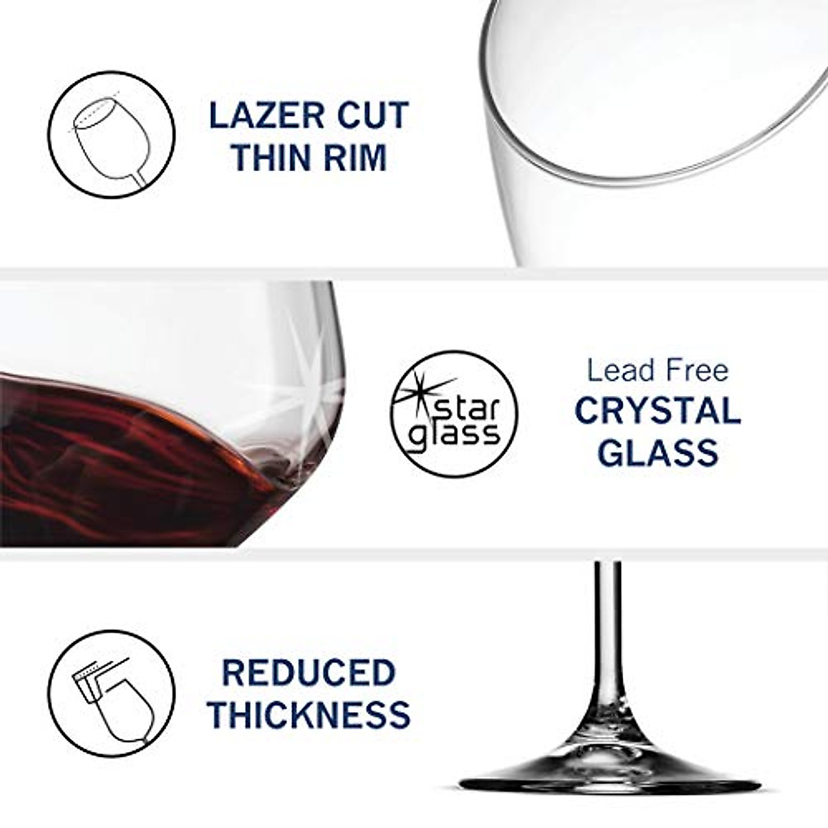 Bormioli Rocco 18oz Red Wine Glasses, Crystal Clear Star Glass, Laser Cut Rim For Wine Tasting, Elegant Party Drinking Glassware, Restaurant Quality (Set of 4)