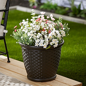 Suncast Sonora 18 Inch Lightweight Durable Plastic Wicker Decorative Flower Planter Pot for Yard, Garden, Indoor or Outdoor Use, Brown