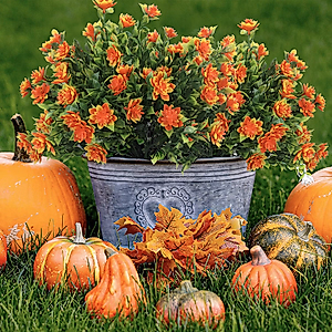 Rinlong 6Pcs Artificial UV Resistant Flowers Outdoor Fake Mums Plants Orange Plastic Flowers Plants Faux Flowers Fall Decor for Clearance Outdoor
