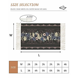 Runner Rug for Hallway 2x5ft, Halloween Skull Flowers Black Washable Runner Rugs with Tassels Woven Floor Carpet Runners for Hallways Kitchen Laundry Entryway