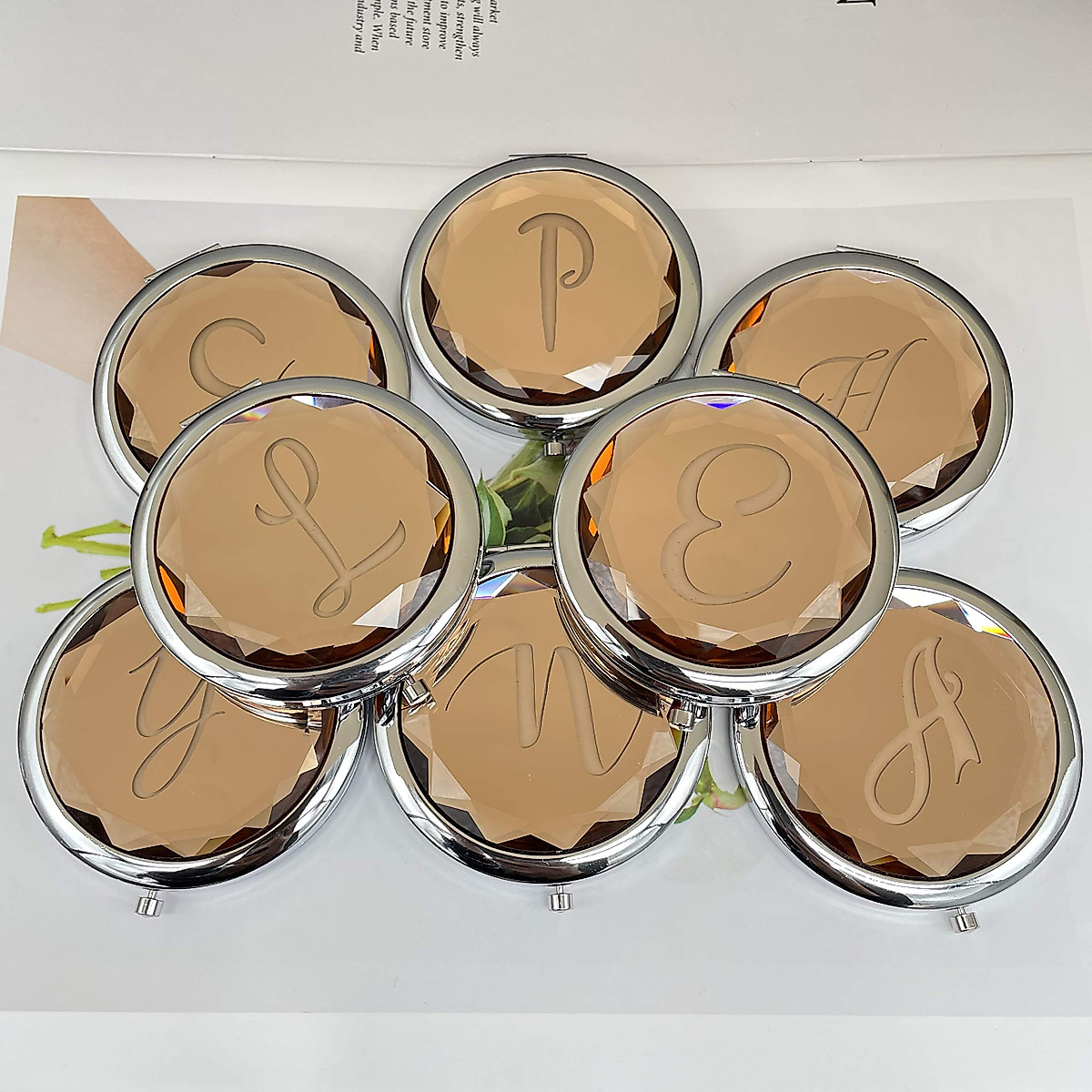 Compact Crystal Pocket Makeup Mirrors,Letter ABCD Mirrors Set Include 1 Letter Mirror 1 Letter Love Knot Bracelets for Bachelorette Party Bridesmaid Proposal Gifts ,Wedding Party Gifts. (Champagne C)