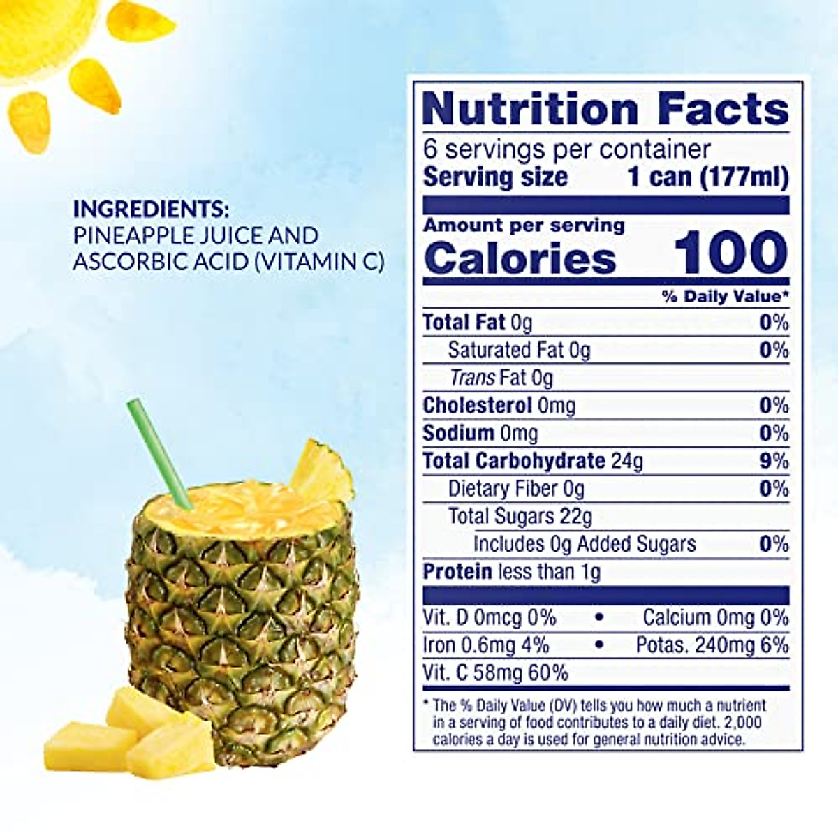 Dole 100% Pineapple Juice, No Added Sugar, Excellent Source of Vitamin C, 100% Fruit Juice, 6 Fl Oz (Pack of 6), Packaging May Vary