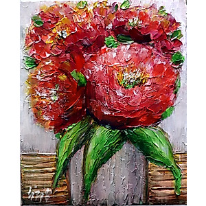 Fall Flowers Bouquet in a Rustic Vase, Red Textured Flower Green Leaves, Original Oil Painting