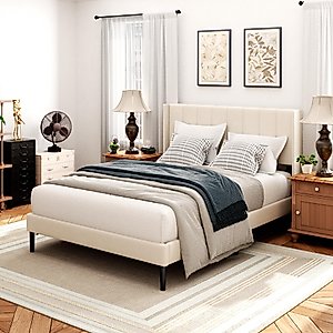 Sismplly Queen Bed Frame with Headboard,Bed Frame Queen Size Vertical Channel Tufted Wingback No Box Spring Needed, Mattress Foundation, Easy Assembly, Beige