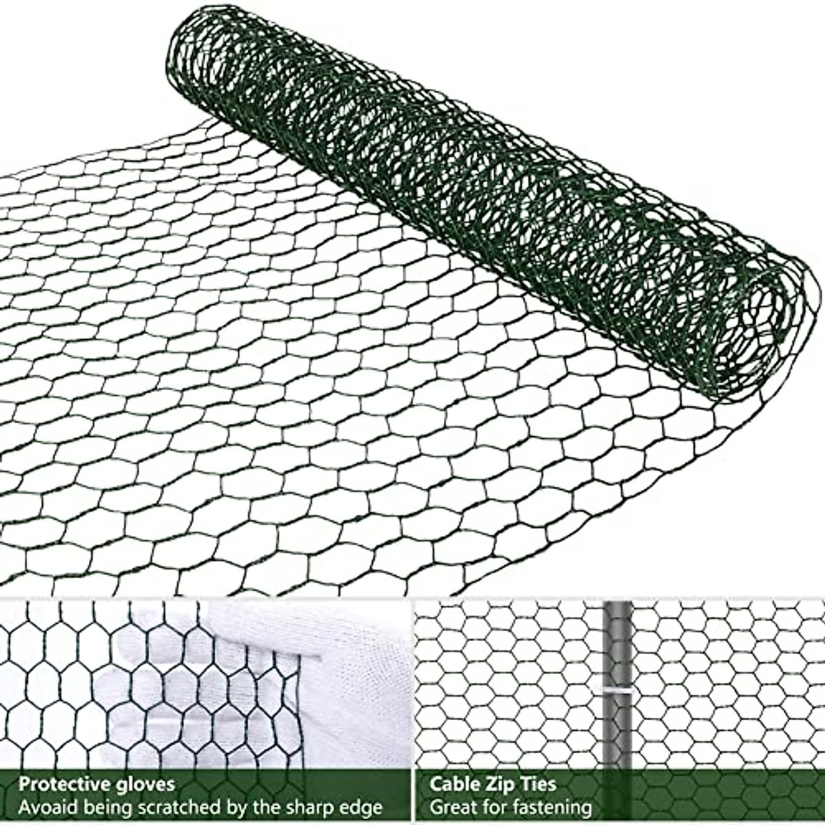 Aboofx Green Chicken Wire for Floral Arrangements, 40 x 13.7 inch Chicken Wire Mesh, Hexagonal PVC Coated Galvanized Iron Wire for Garden, Chicken Wire Fencing with 20 Zip Ties and 1 Pair of Glove