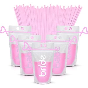 18 Pcs Zipper Plastic Pouches Drink Bags with Straws for Bride Party Heavy Duty Hand-held Translucent Frosted Bags with Drink Straws Wedding Party Decoration for Bride Women Girl