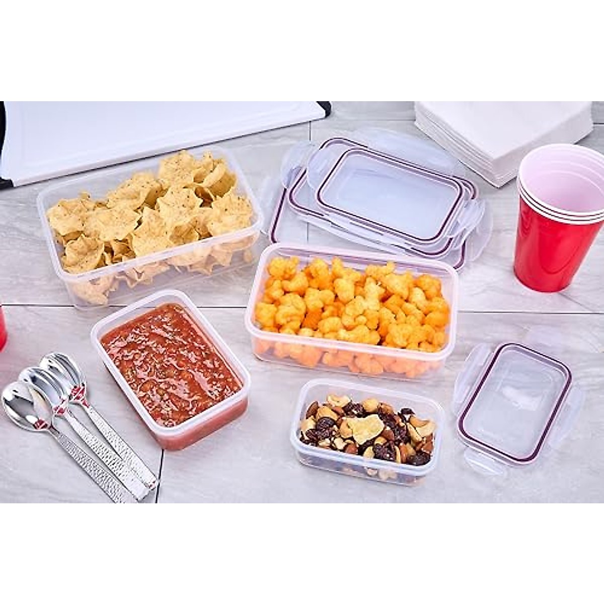 SnapMate - Set of 4 Rectangle Nesting Food Storage Containers - Reusable, BPA Free Plastic, Snap Lock Lids With a Leakproof Silicone Seal. Great for Snacks, Soup, Fruit, Salad and Food Storage