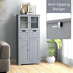 Giantex Bathroom Floor Storage Cabinet - Freestanding Cabinet with 2 Glass Doors, 2 Drawers & Adjustable Shelves, Multifunctional 50.5” Tall Storage Organizer Cupboard for Kitchen, Living Room (Gray)