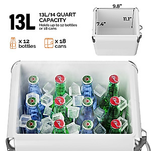 VINGLI 14qt Small Cooler Ice Chest, Insulated Portable Cooler, Beach Cooler, Retro Vintage Classic Style Hard Metal Cooler for Barbeques, Camping, Fishing and Picnics (14 QT, White)