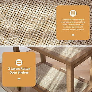 SICOTAS Rattan Nightstands Set of 2 Bedside Table - Boho Narrow End Table Living Room Set of 2 Side Table with Rattan Storage Shelves for Small Space