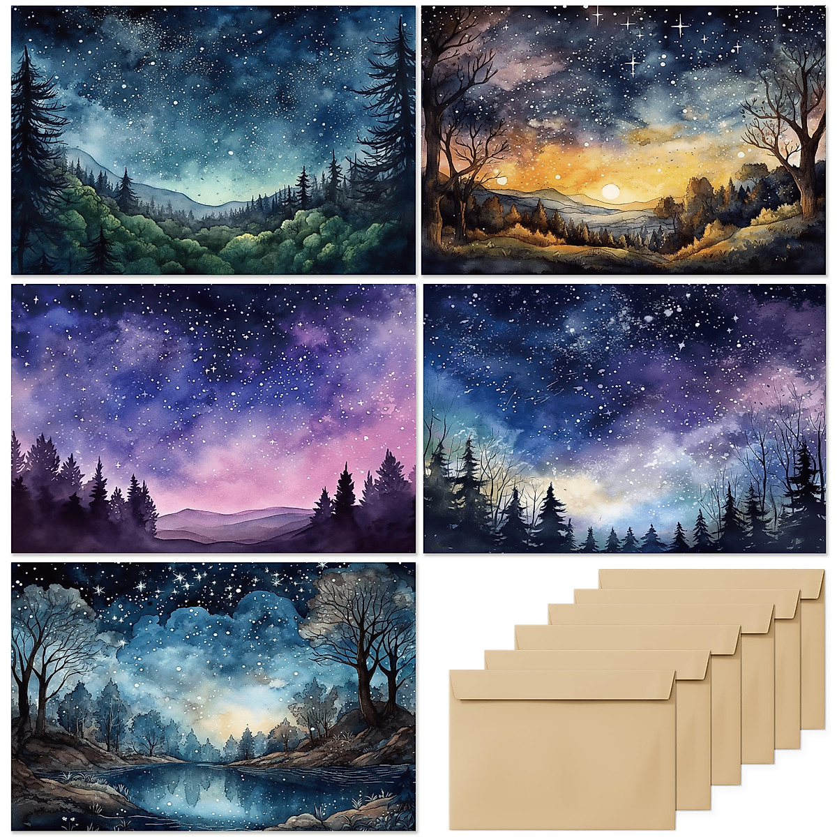 slapaflife Blank Cards with Envelopes All Occasion,Watercolor Starry Night Sky Design Blank Greeting Cards 4x6,20Pack -Blank Greeting Cards,Note Cards with Matching Peel-and-Seal Rustic Envelopes