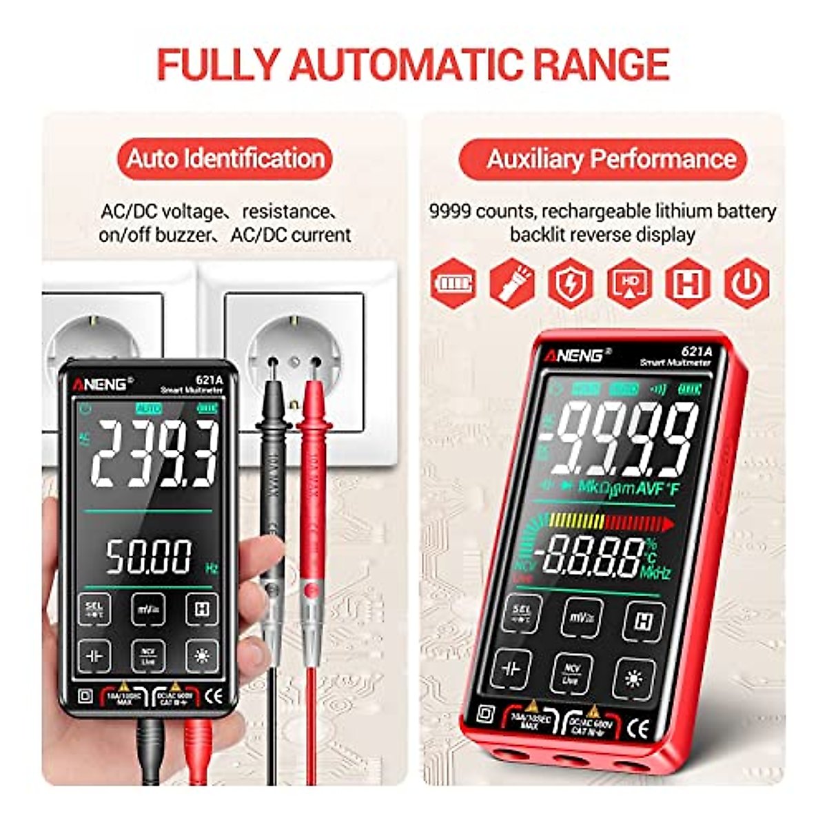 ANENG Digital Multimeter Tester Smart Touch TRMS Auto-Ranging 9999Counts Rechargeable anti-burning Ohm Amp VoltMeter With NCV,DC/AC Current,Voltage,Resistance Diodes,Continuity,Capacitance,Temperature