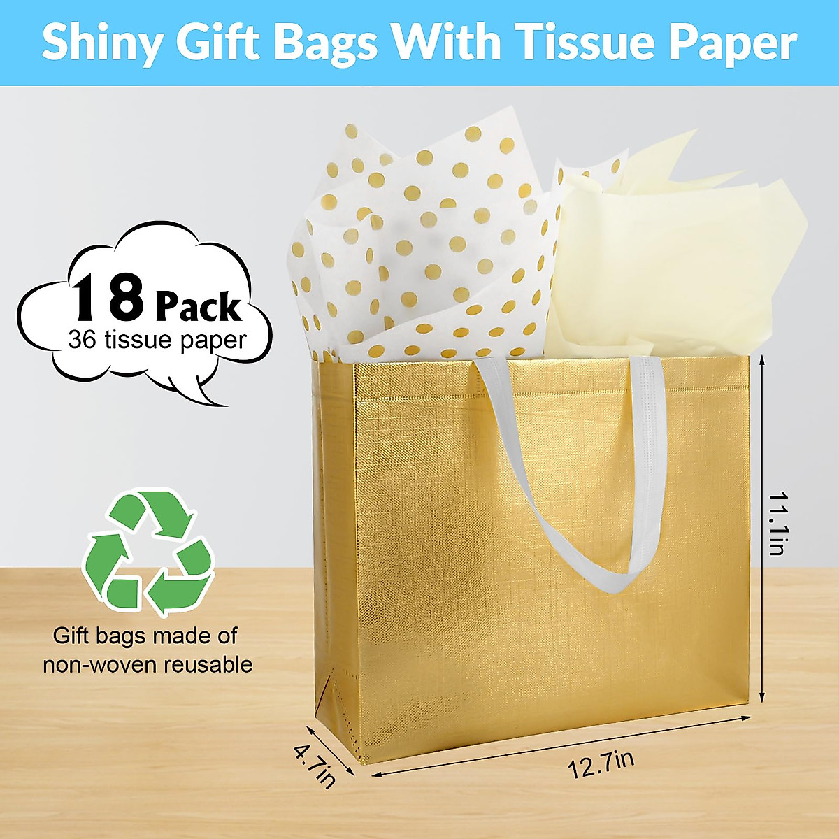 18pcs Gold Gift Bags with Tissue Paper, Shiny Gift Bags Large Size with Handles, Glossy Reusable Gift Bags for presents, Glitter Party Bag for Wedding Birthday Shower Christmas 12.7 x 4.7x11 inches