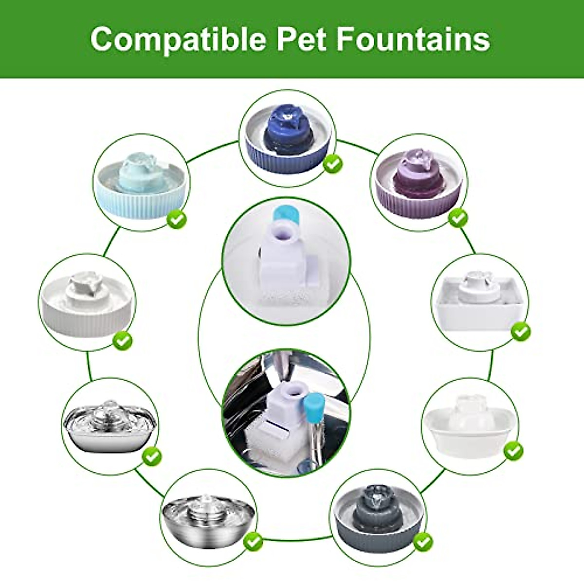 VinDox Pet Fountain Replacement Filters, 8 Cat Fountain Carbon Filters and 2 Foam Pre-Filters for Cupcake Ceramic Pet Fountain Pet Drinking Fountain Porcelain (8 Packs)