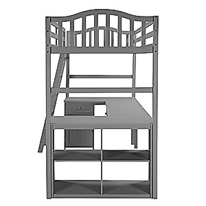 MegaChunk Twin Size Loft Bed with Drawers, Cabinet, Shelves and Desk, Wooden Loft Bed with Desk - Gray