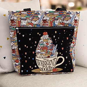 84hoods Aesthetic Waterproof Tote Bag. Gift for Book Lovers and Librarian. Cute Graphic Large Shoulder Bag with Pockets and Zipper for Work. 15 inch Grocery Bag. Weekend Booked.