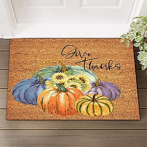 Coir Door Mat with Non-Slip Backing Give Thanks Front Door Rug 16x24in Fall Pumpkins Sunflowers Funny Entryway Rug Outdoor - Front Door Entryway Mats