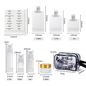 19 Pcs TSA Approved Travel Toiletries Containers Set - Refillable Vacuum Pump Bottle, Squeeze Pouches, Clear Glass Jar for Toner Shampoo Conditioner Lotion Body Wash (Include Cosmetic Bag Label)