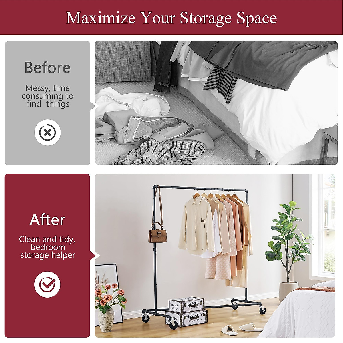 Tajsoon Rolling Clothing Racks For Hanging Clothes Z Rack Hold 230LBS Industrial Clothing Rack with Wheels Lockable, Heavy Duty Garment Rack Clothes Hanging Rack for Storage and Organization, Black