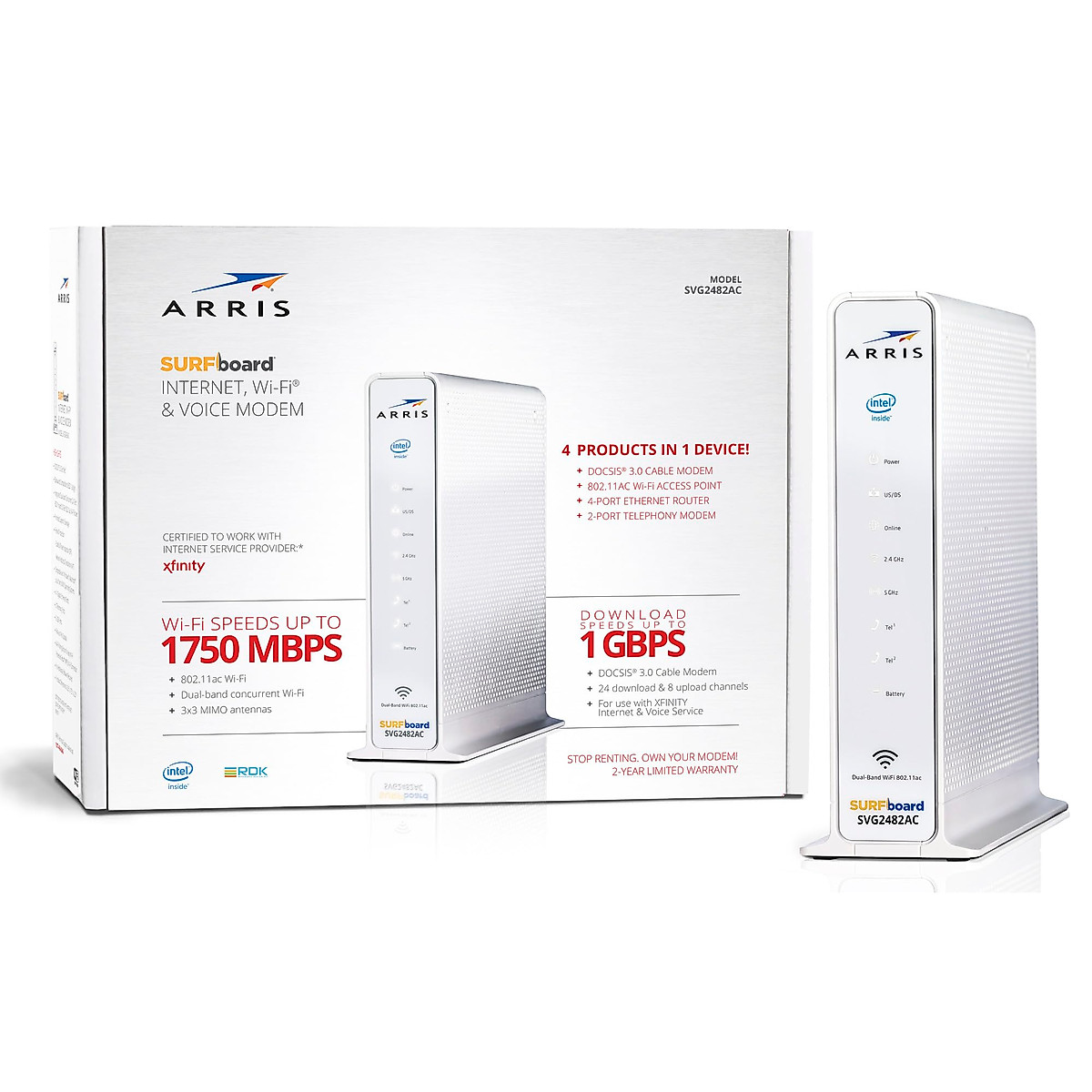 ARRIS SURFboard SVG2482AC DOCSIS 3.0 Cable Modem & AC2350 Wi-Fi Router , Comcast Xfinity Internet & Voice , Four 1 Gbps Ports , 2 Telephony Ports for Digital Voice , Up to 800 Mbps