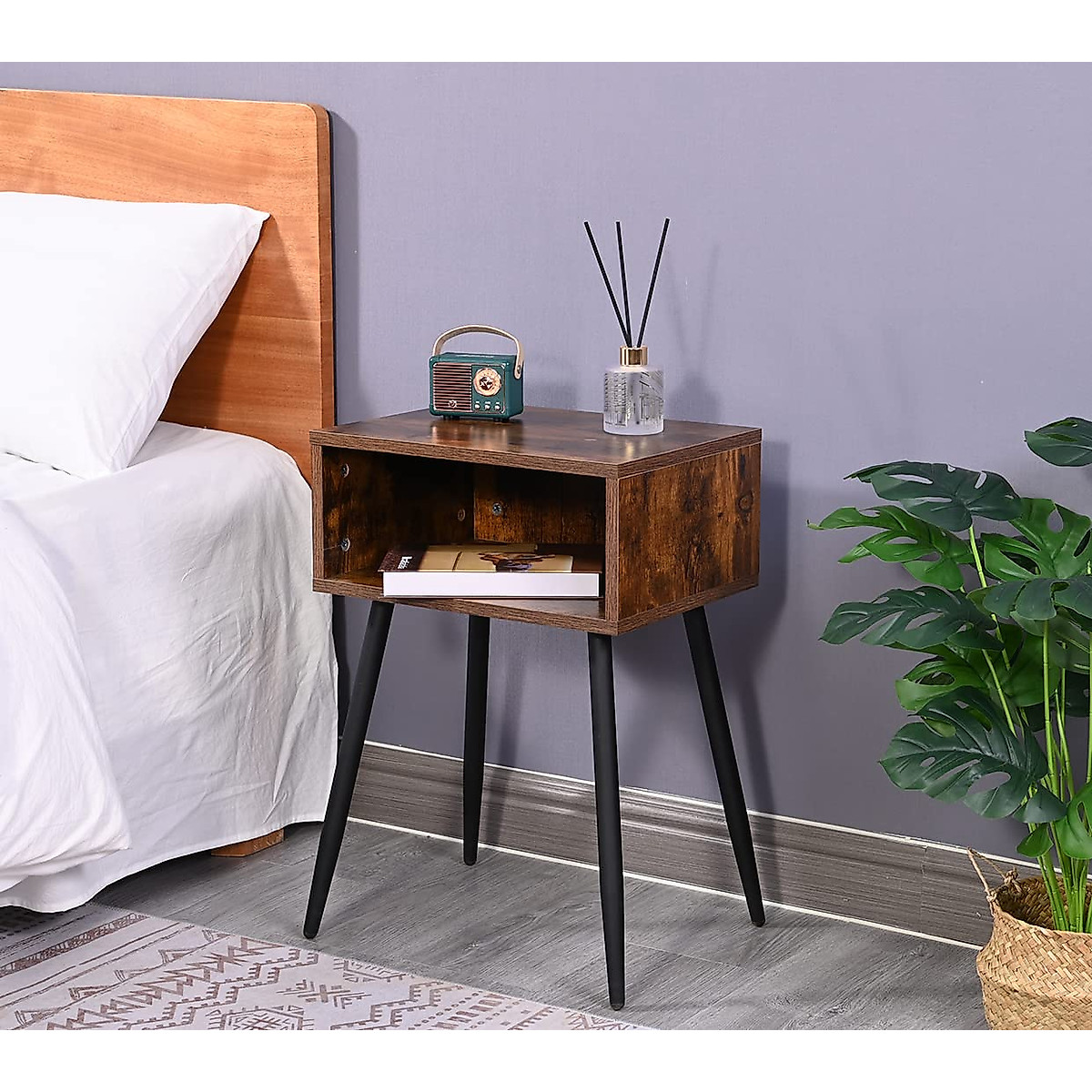 RokiaTek Nightstand Table with Open Storage Bedroom Bedside Table with Steel Legs, Mid-Century Modern Simpe End Side Table, Rustic Brown and Black