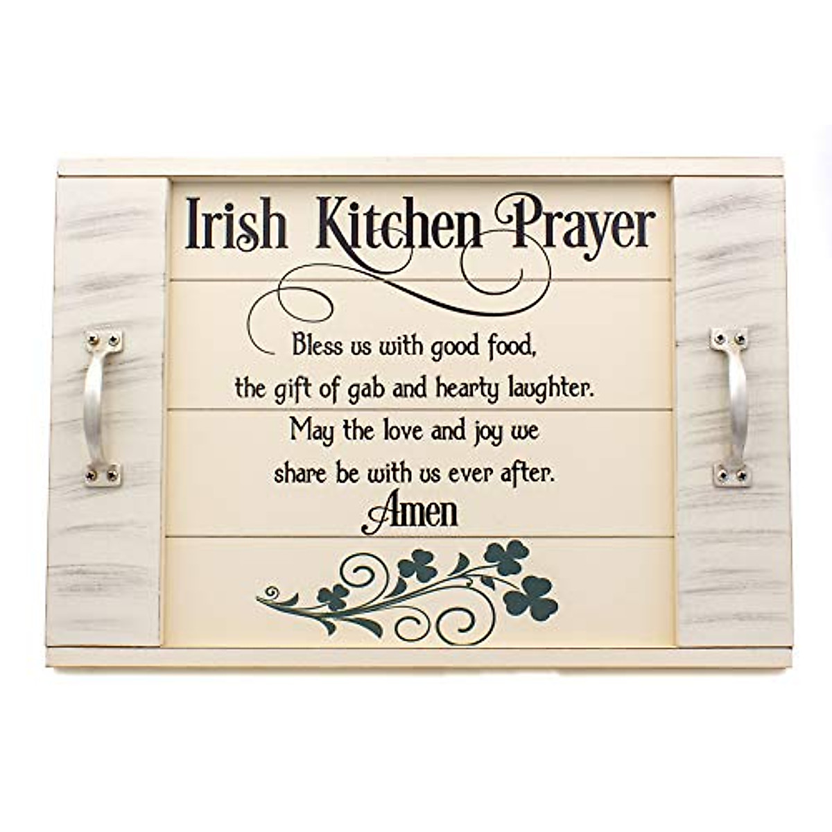 Irish Blessing Kitchen Prayer Serving Tray with slatted Wood Look 18"x12" with Silver Finish Metal Handles Irish Shamrock Motif and Prayer. Rustic Farmhouse Modern Irish Decorative Large Platter