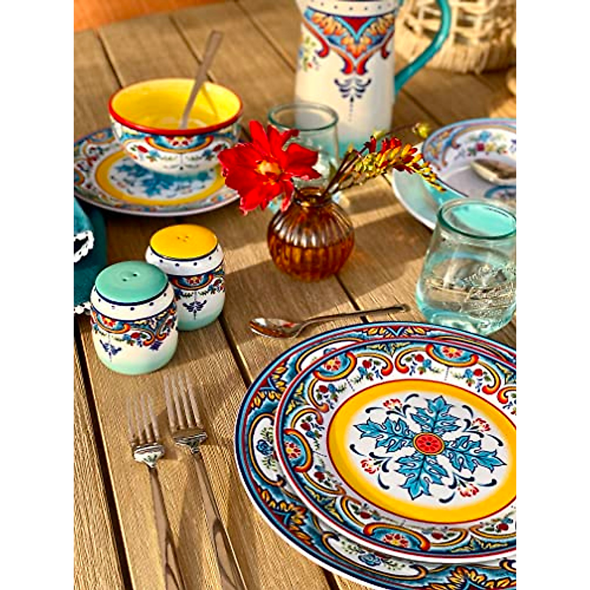 Euro Ceramica Zanzibar Collection 16 Piece Dinnerware Set Kitchen and Dining, Service for 4, Spanish Floral Design, Multicolor, Blue and Yellow