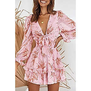 PRETTYGARDEN Women's Short A-Line Flare Dress Knot Front Long Sleeve V Neck Tiered Ruffle Swing Mini Skater Dresses (Pink Floral,Small)