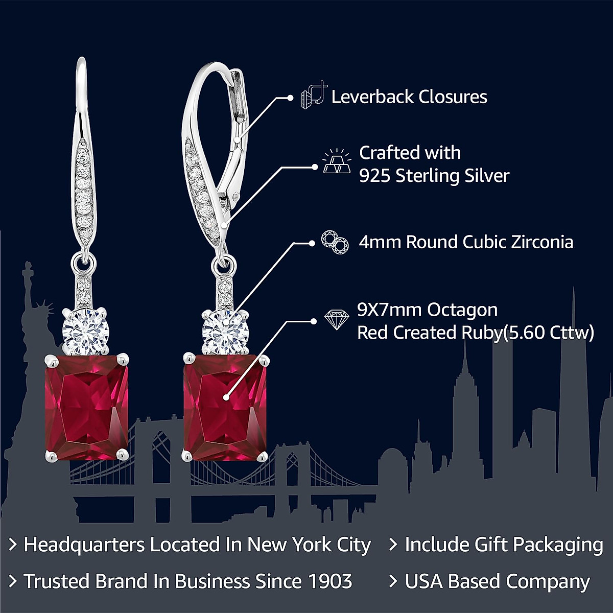 Gem Stone King 925 Sterling Silver Red Created Ruby Dangle Earrings For Women (5.60 Cttw, Gemstone July Birthstone, Emerald Cut 9X7MM)