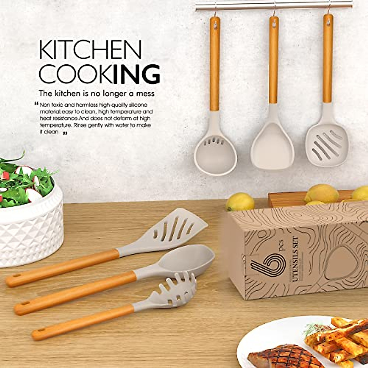 Large Silicone Cooking Utensils Set - Heat Resistant Silicone Utensils for Cooking w Long Wooden Handles, Kitchen Utensil Spatula Set, Kitchen Gadgets for Non-Stick Cookware, BPA Free(Khaki)