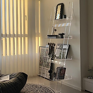 Nalwort Acrylic Ladder Bookshelf, 4-Tier Clear Leaning Book Shelf, Large Unique Bookcase, Storage Organizer Shelf for Bedroom, Living Room, Office, 72" H x 21" W x 14" D